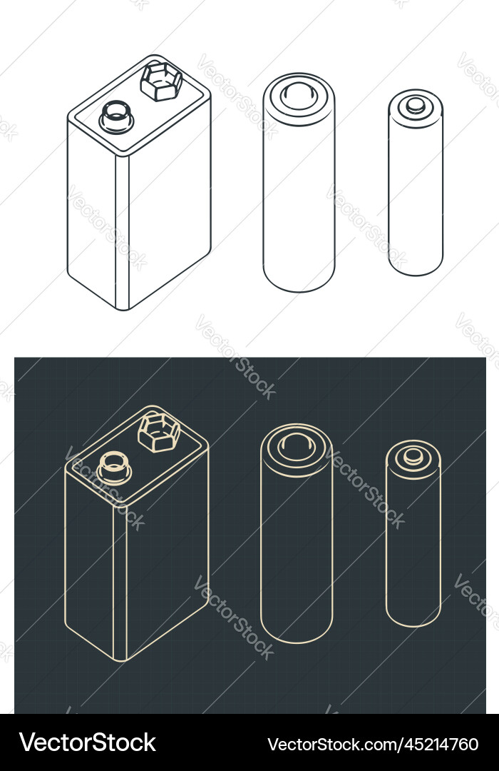 Isometric drawings of different batteries Vector Image