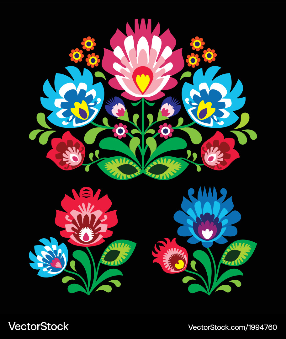 Polish floral folk embroidery pattern on black Vector Image