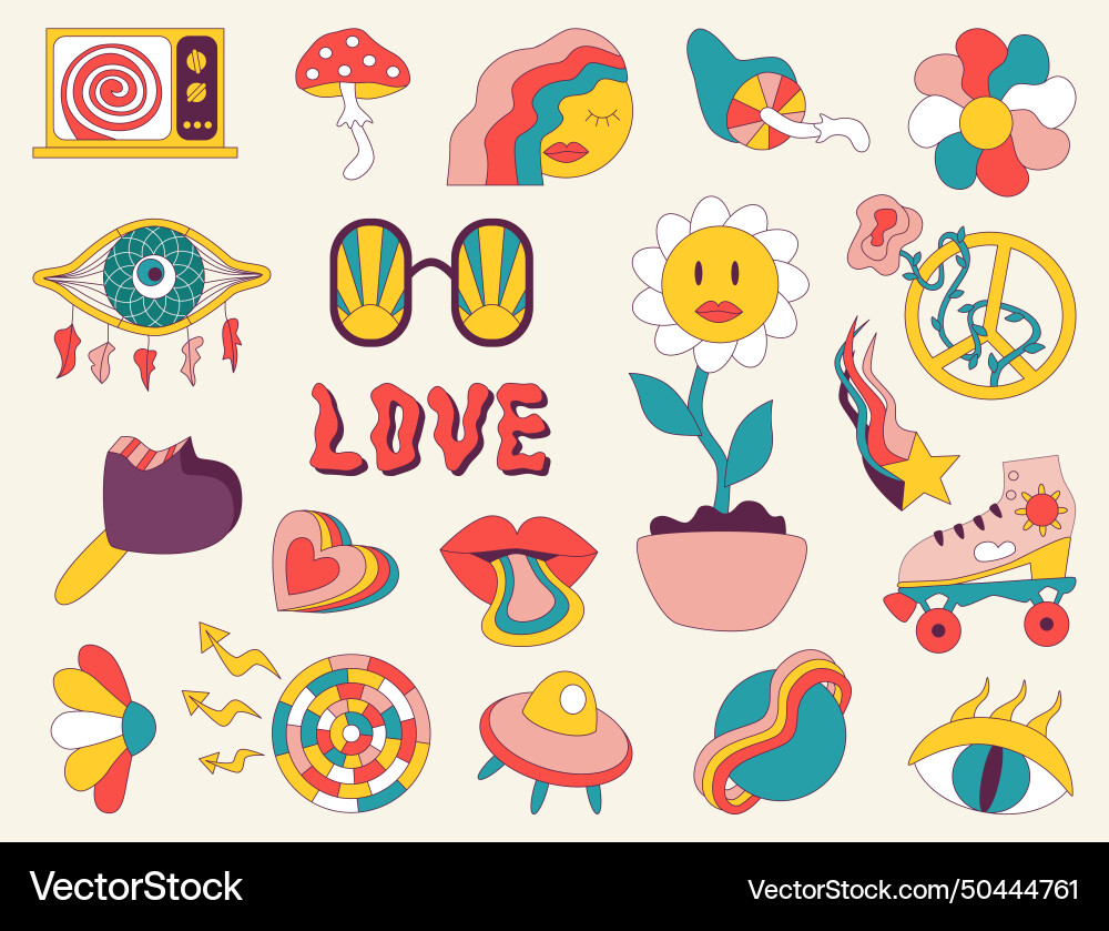 1970 vintage groovy love peace elements 1960 Vector Image