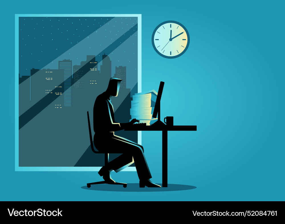 Businessman silhouette working overtime night Vector Image