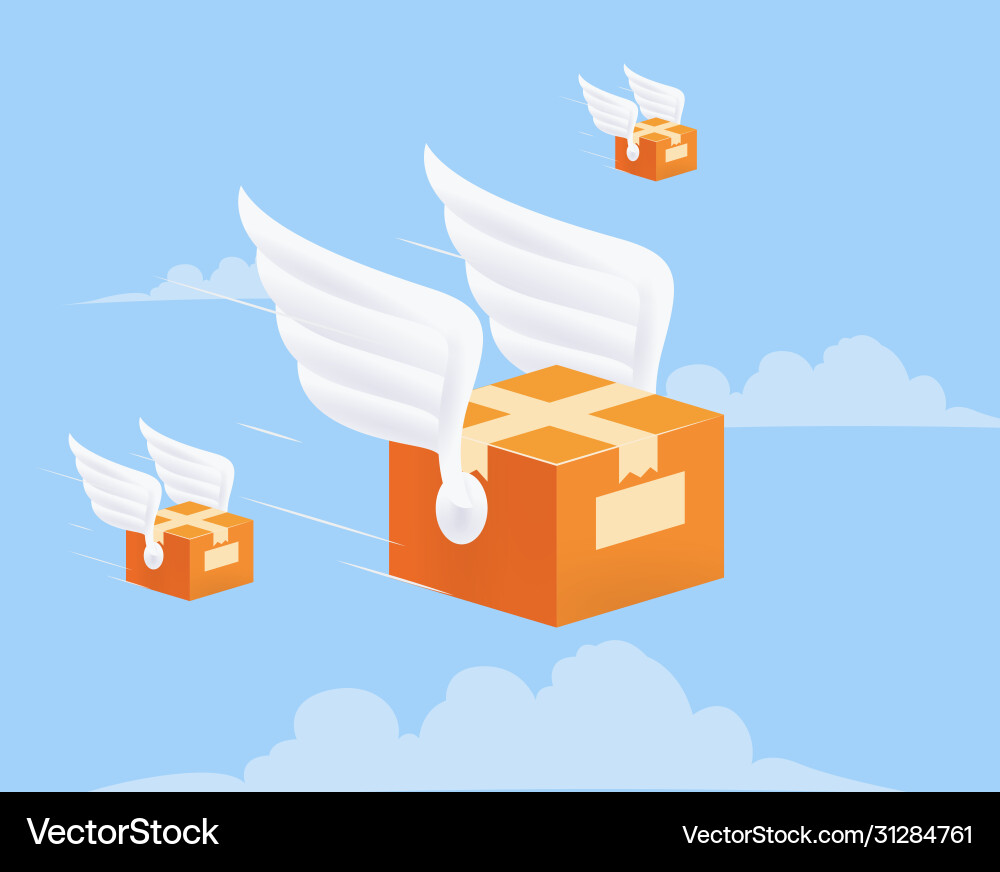 Flying delivery package box with wings on blue Vector Image