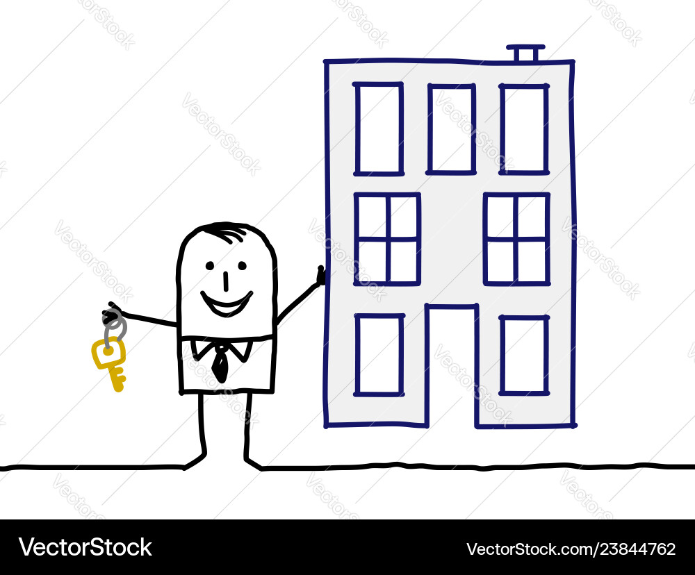 Cartoon real estate agent with building Royalty Free Vector