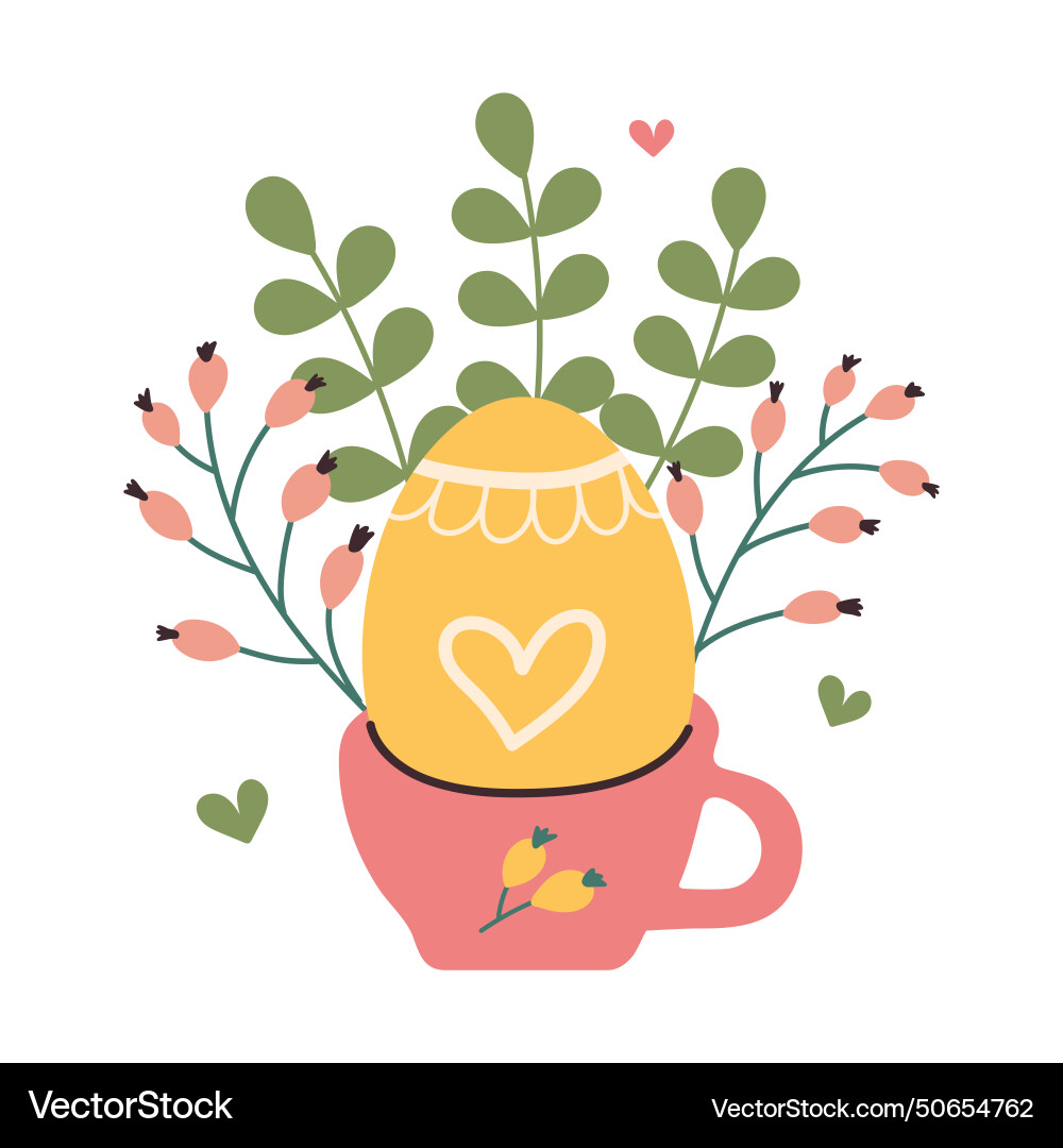 Hand drawn cup with easter egg spring flowers Vector Image
