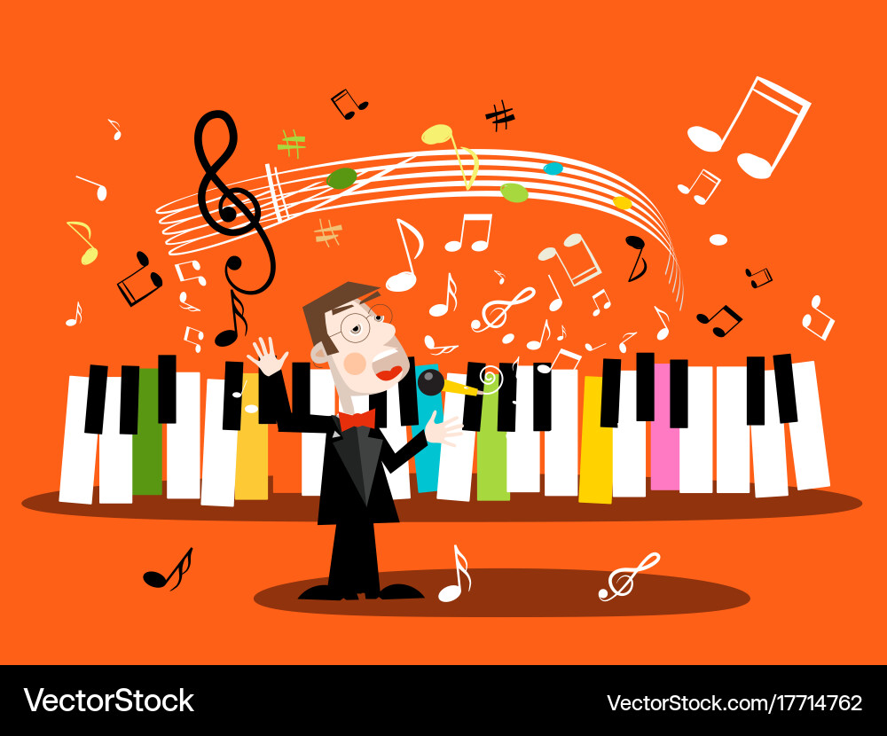 Man singing song with piano keyboard and notes Vector Image