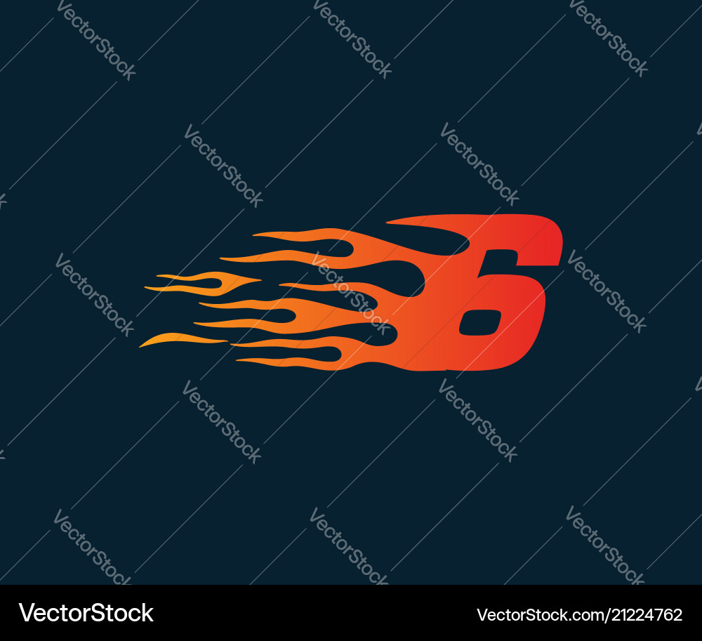 Number 6 fire flame logo speed race design Vector Image