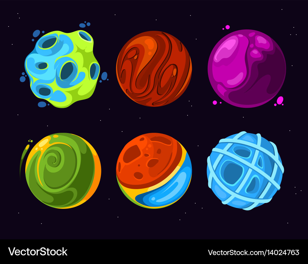 Cartoon alien planets on dark blue starry space Vector Image