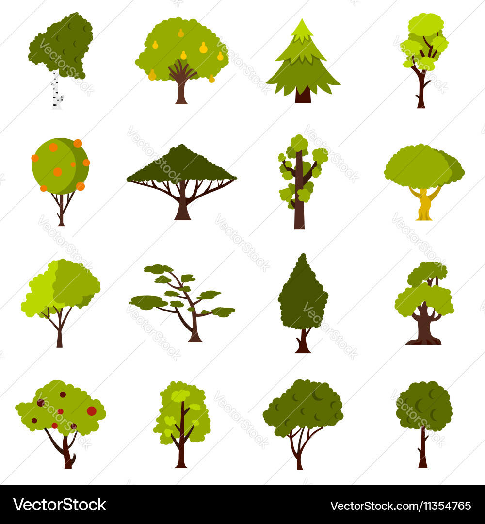 Green tree icons set flat style Royalty Free Vector Image