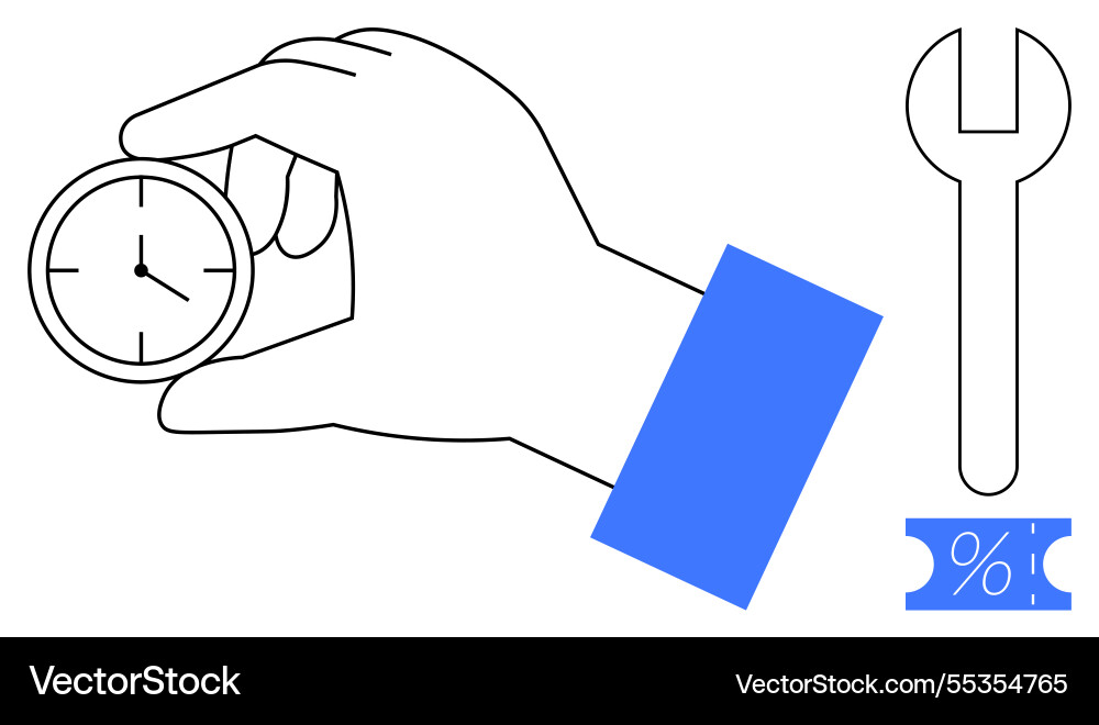 Hand holding clock with wrench and discount ticket