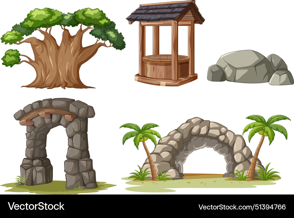 Trees well rocks and stone arch Royalty Free Vector Image