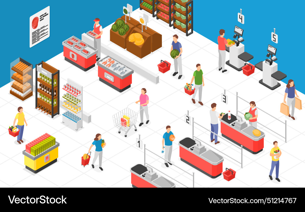 Isometric trading hall in supermarket interior Vector Image