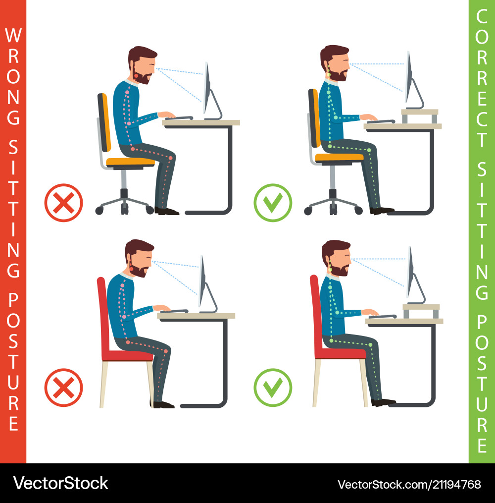 Bad and good working position of human at computer