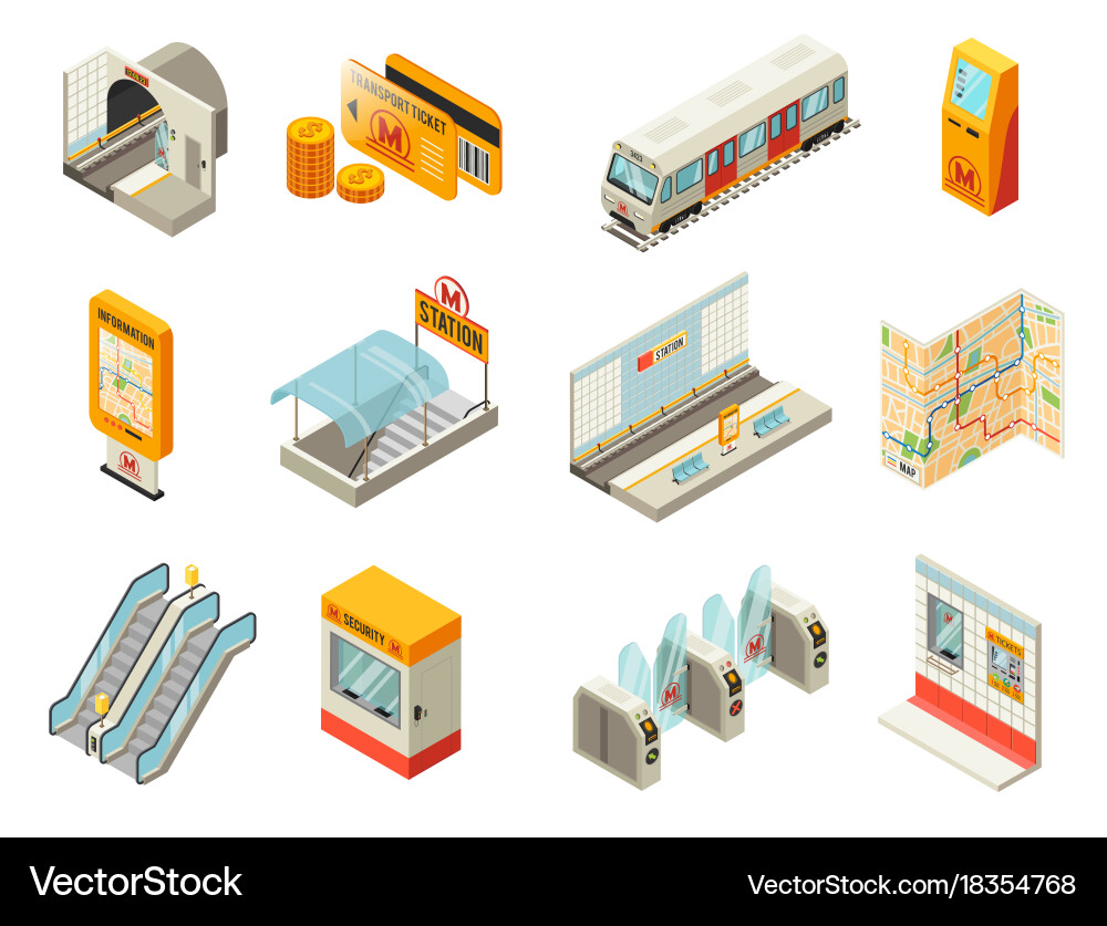 Isometric metro station elements set Royalty Free Vector