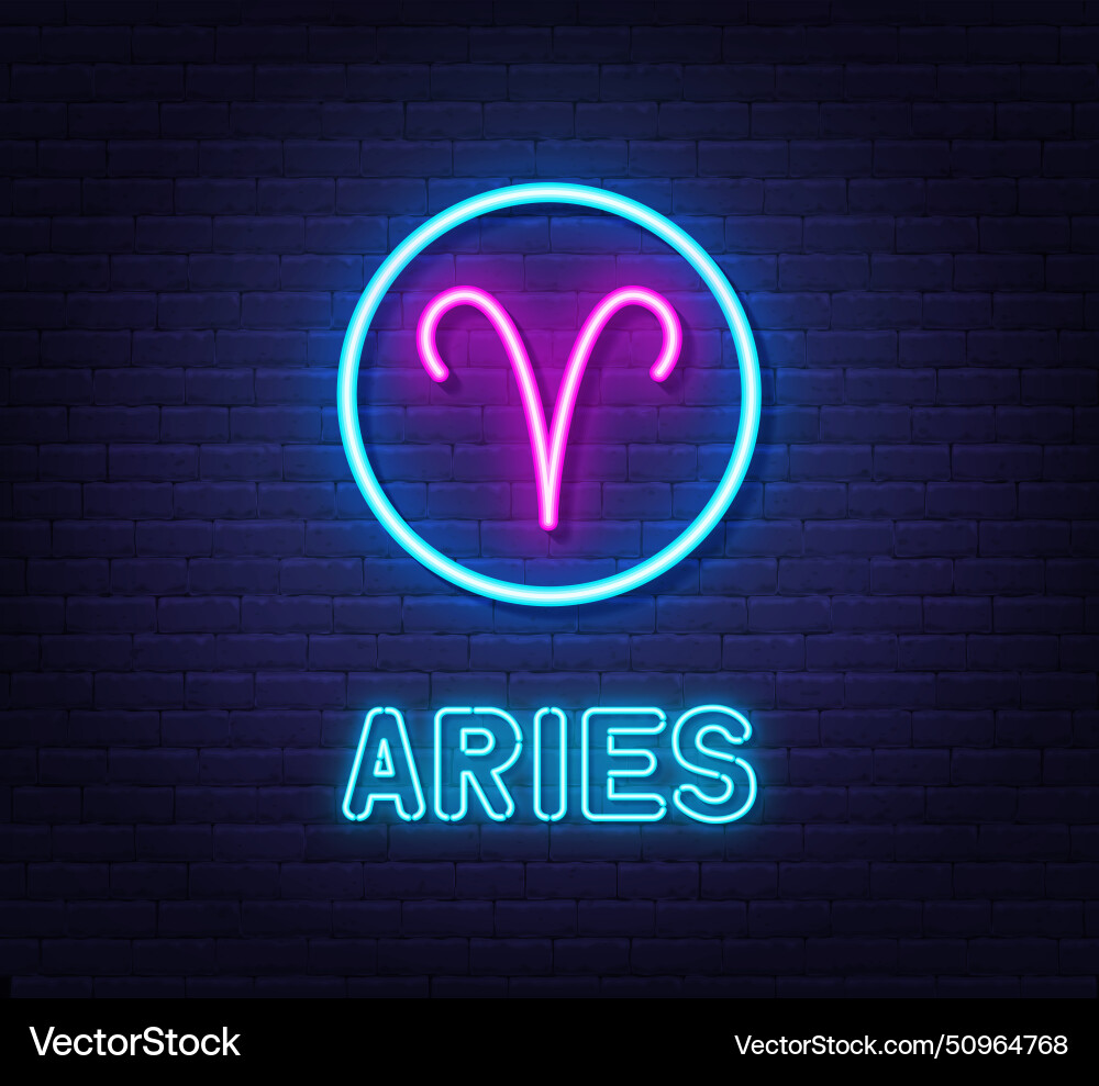 Neon aries sign on brick wall background Vector Image