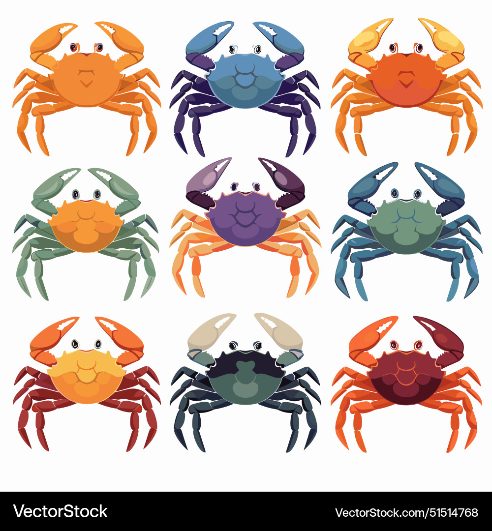 Nine colorful crabs various hues crab Royalty Free Vector