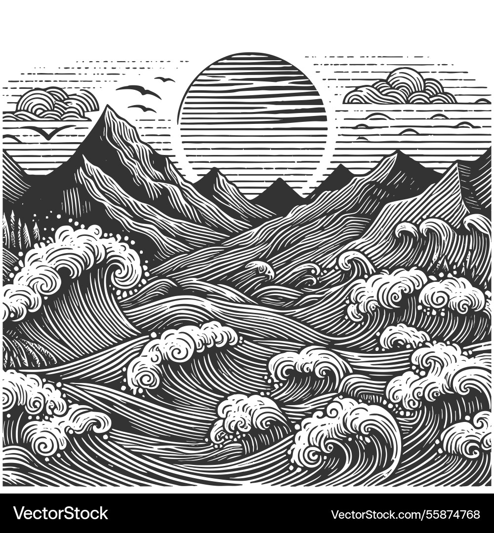 Ocean waves and sunset engraving sketch Royalty Free Vector