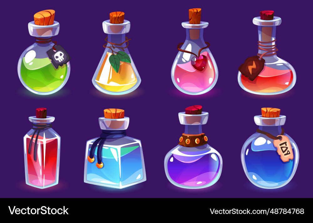 Potion bottles magic alchemist elixirs different Vector Image
