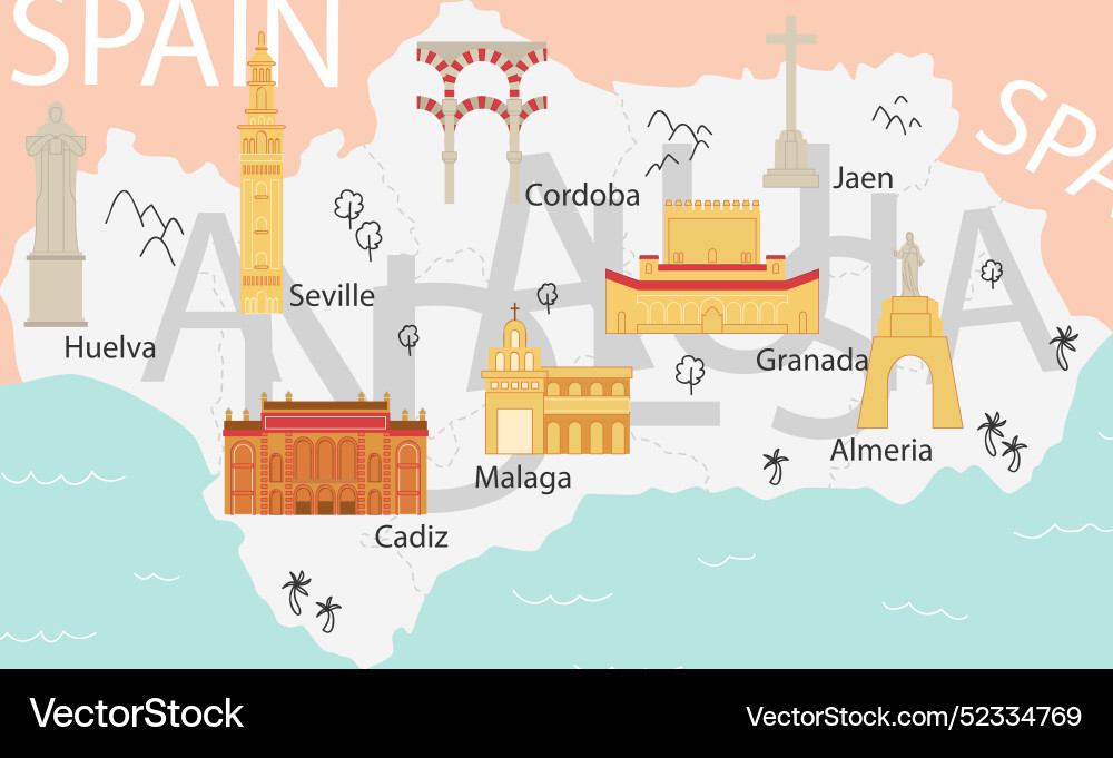 Andalusia map with interesting landmarks Vector Image
