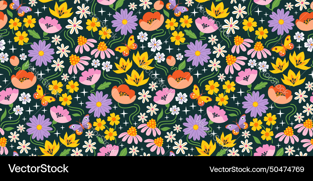 Retro bloom bright colourful seamless pattern Vector Image