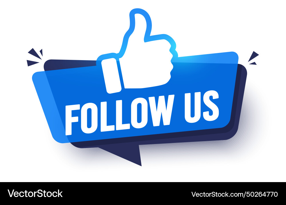 Blue modern label with thumb up and text follow us