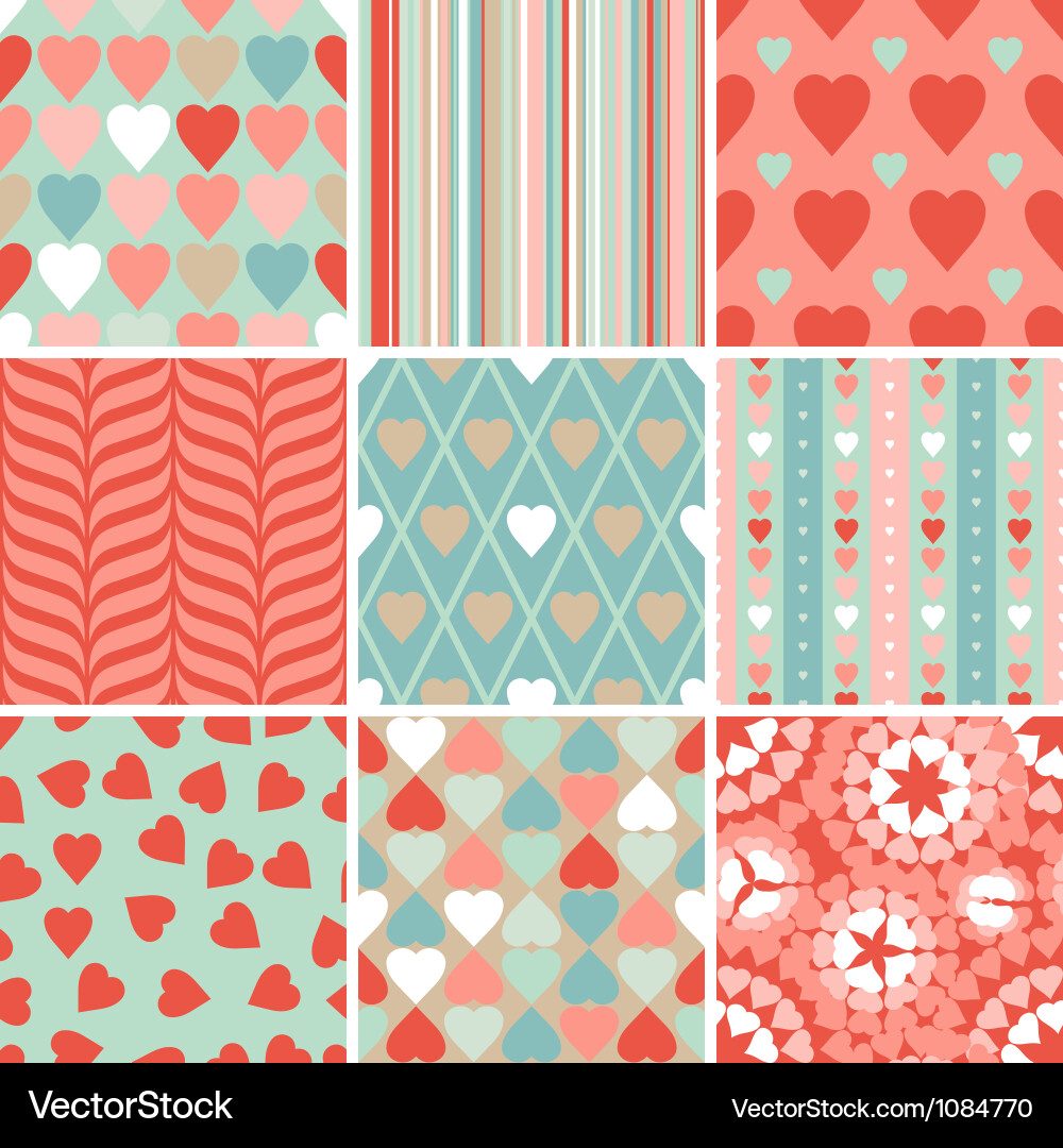 Set of 9 valentines day heart patterns Royalty Free Vector
