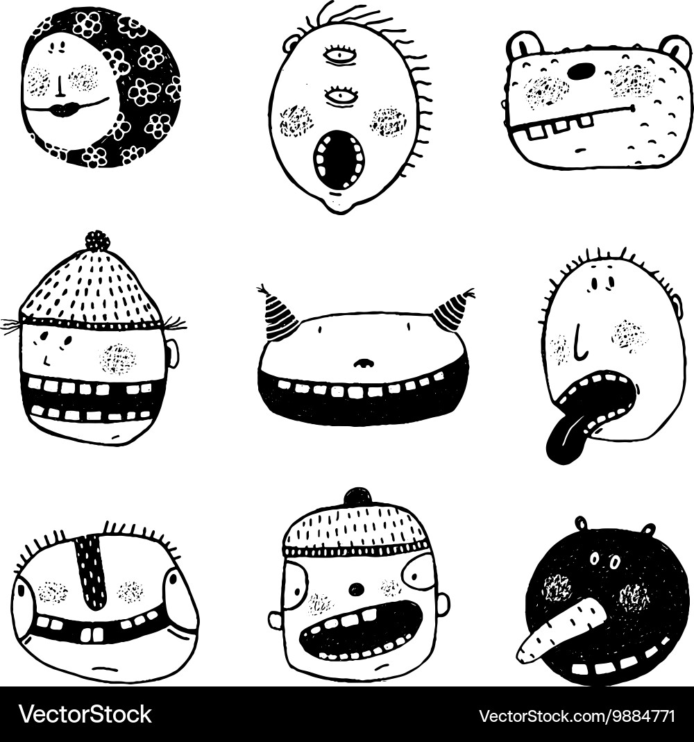 Hand drawn doodle cartoon strange faces with teeth