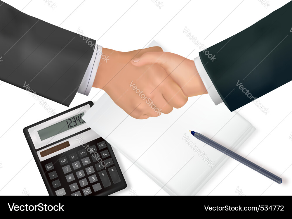 Handshake over paper and pen Royalty Free Vector Image
