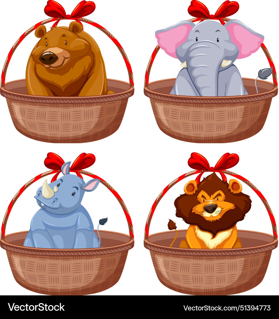 Four cartoon animals in individual wicker baskets Vector Image
