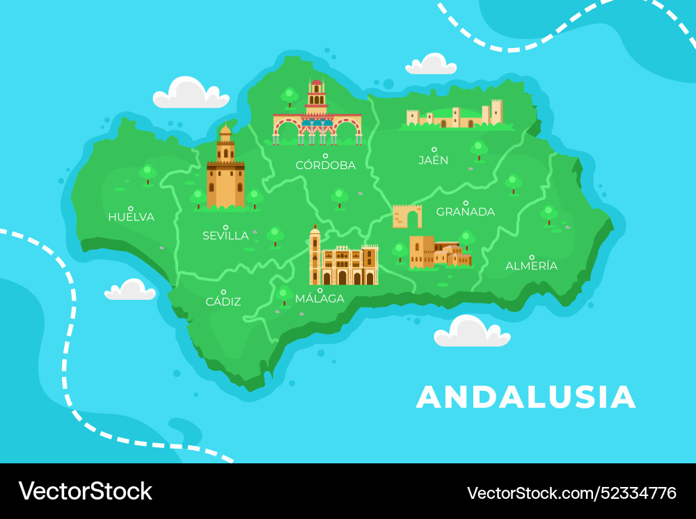 Andalusia map with landmarks Royalty Free Vector Image