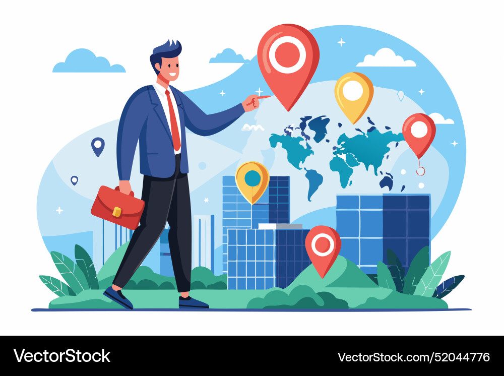 Businessman pinning office location on map Vector Image
