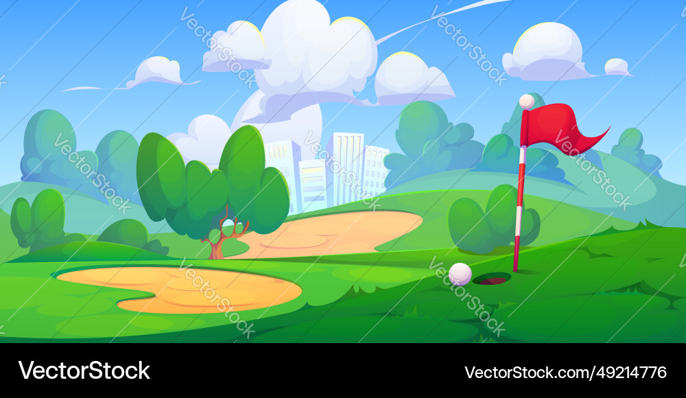 Golf field with hole pin flag and ball Royalty Free Vector