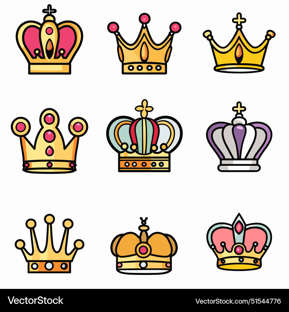 Nine distinct crowns rendered vibrant colors Vector Image
