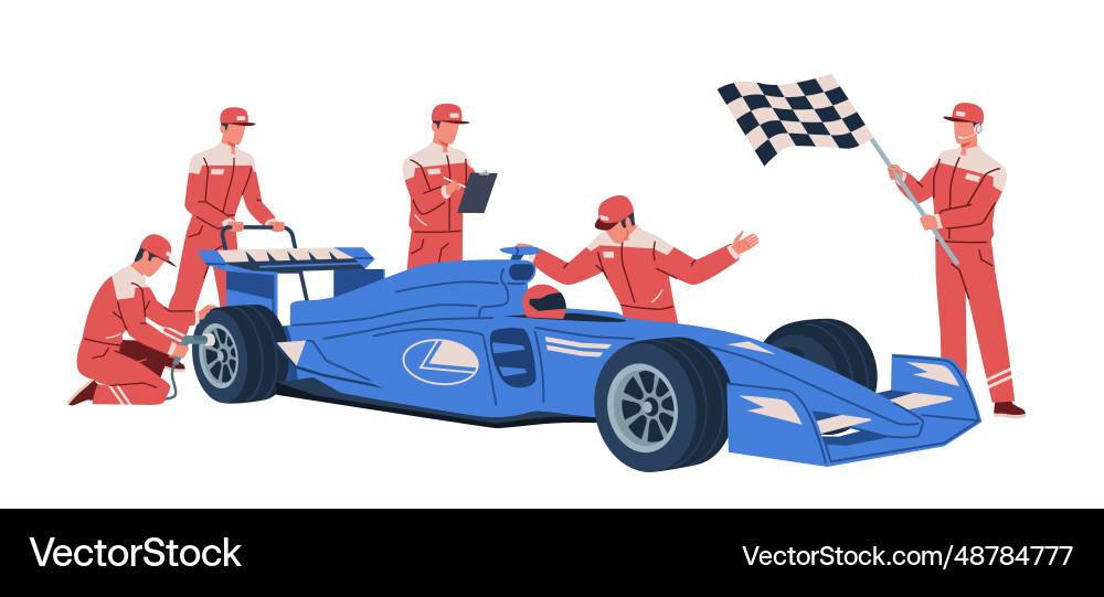 Racing car on pit stop professional mechanics Vector Image