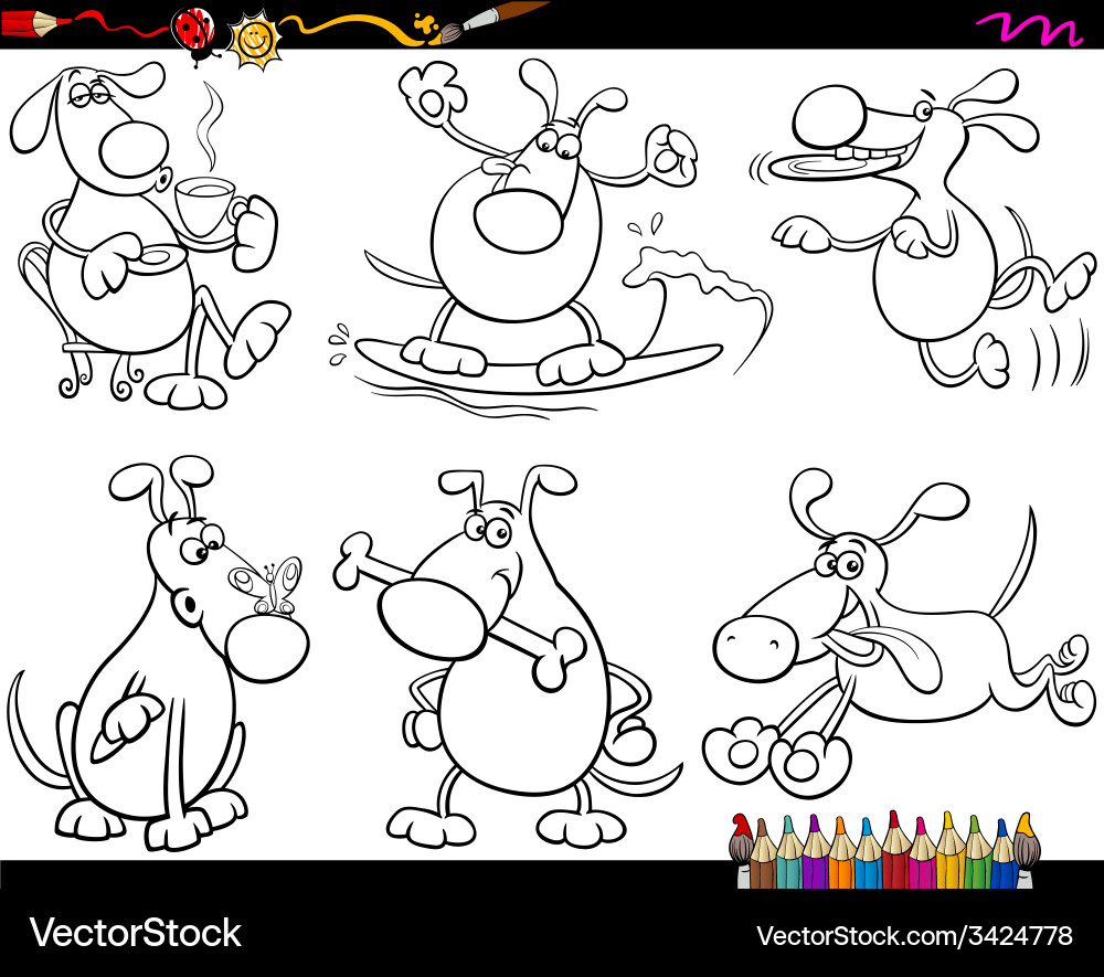 Dogs set cartoon coloring page Royalty Free Vector Image