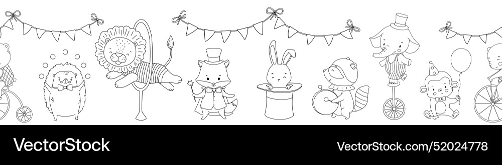 Seamless border with outline cute circus animals Vector Image