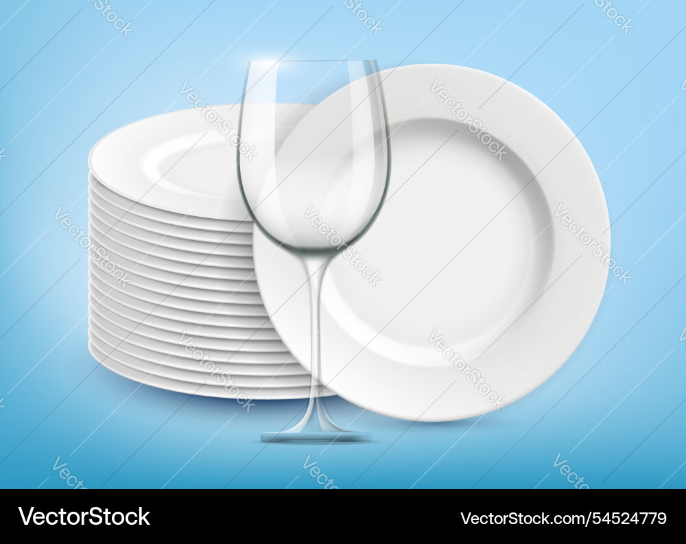 Clean white washed plates next to a glass Vector Image