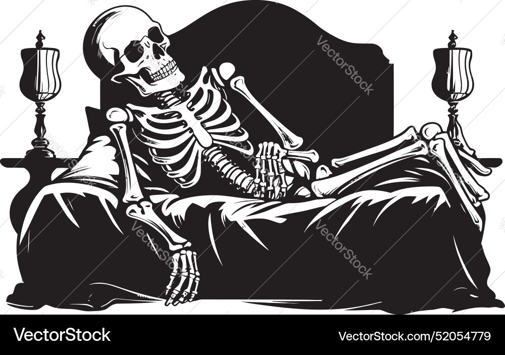 Spooky slumber skeleton emblem on bed eerie Vector Image
