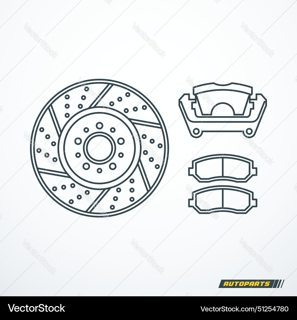 Car brake disc and pads icon set Royalty Free Vector Image