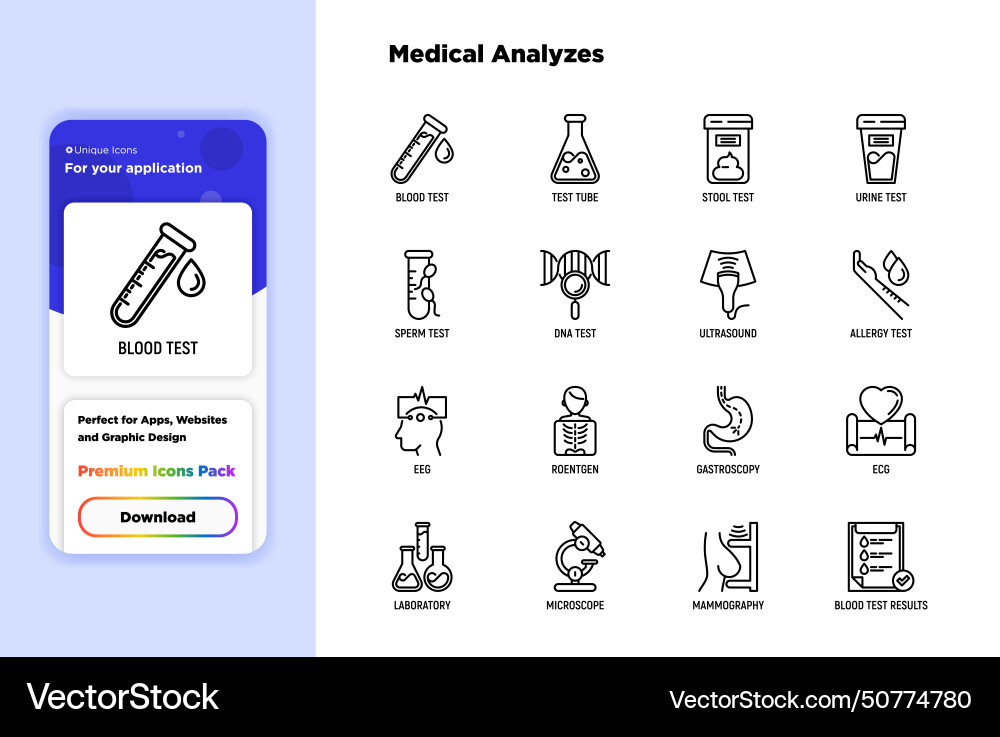 Medical analyzes thin line icons set blood test Vector Image