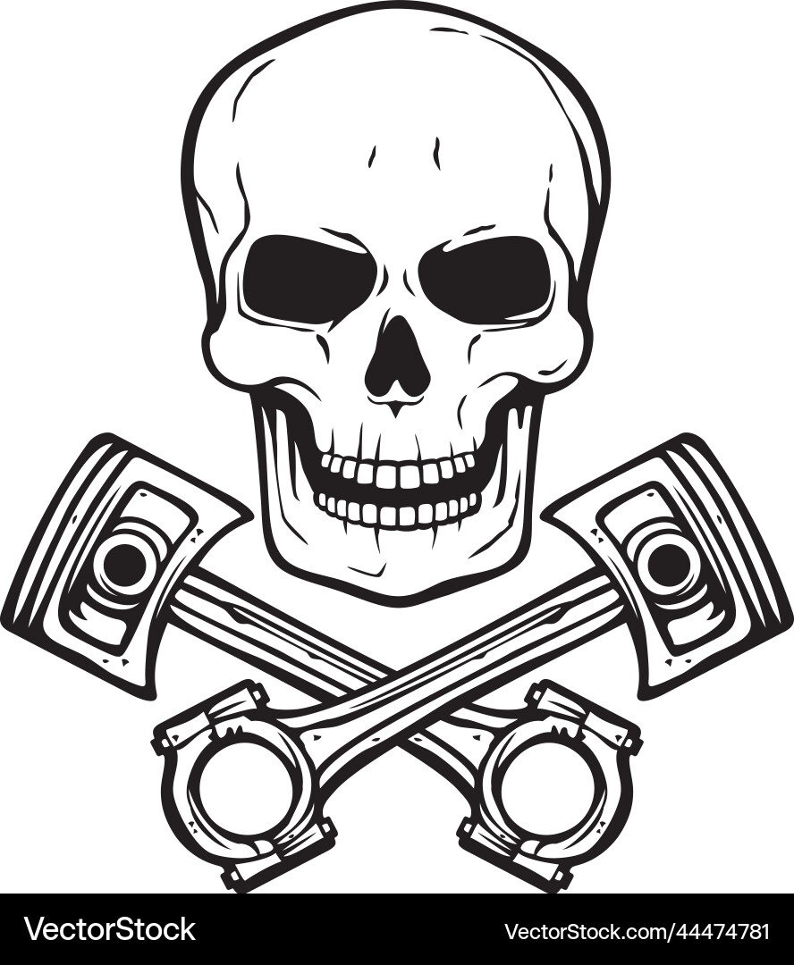 Human skull with crossed engine pistons Royalty Free Vector