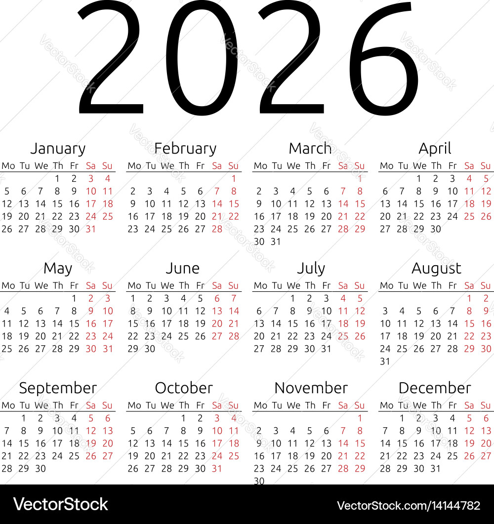 2026 Calendar - Monday Start Royalty Free Vector Image