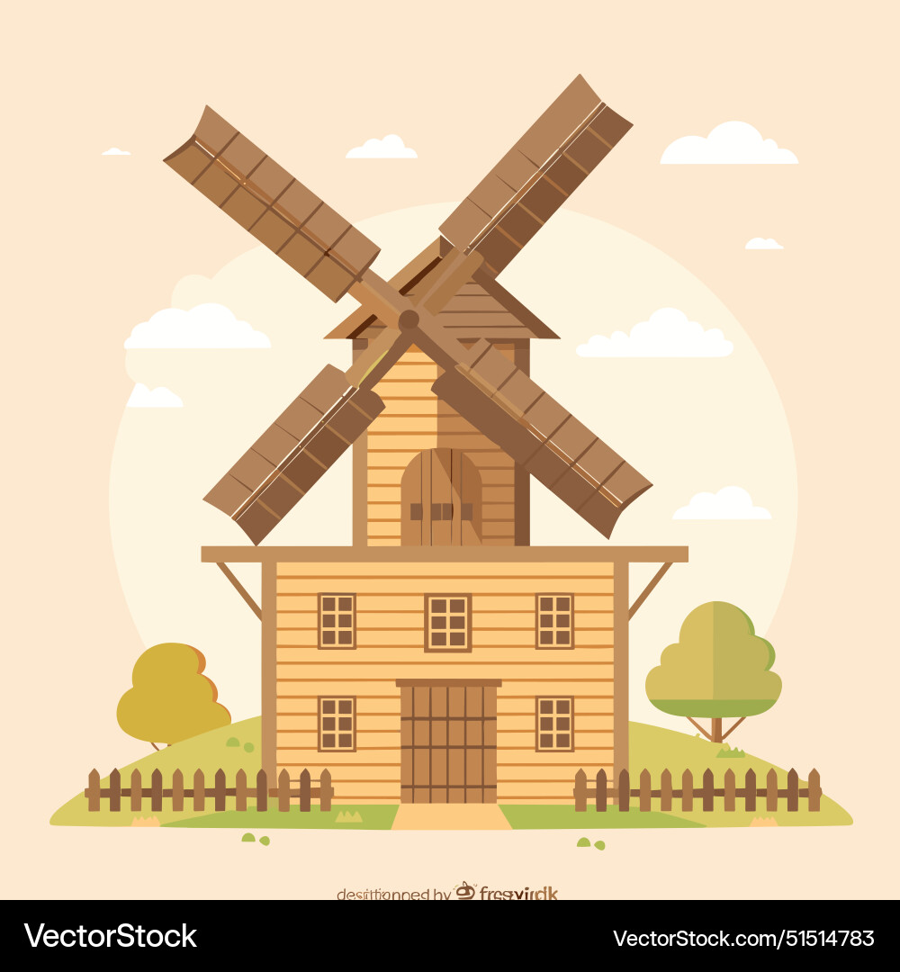 Traditional wooden windmill building under clear Vector Image