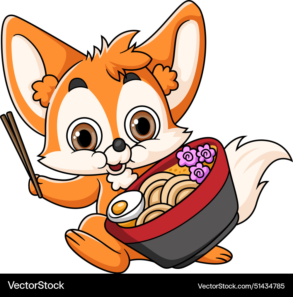 Cute fox eating ramen bowl with chopstick Vector Image