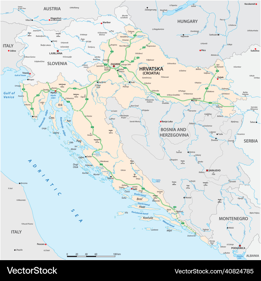 Map of highways and main cities croatia Royalty Free Vector
