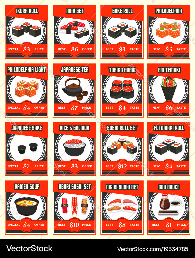 Sushi menu card for japanese restaurant design Vector Image