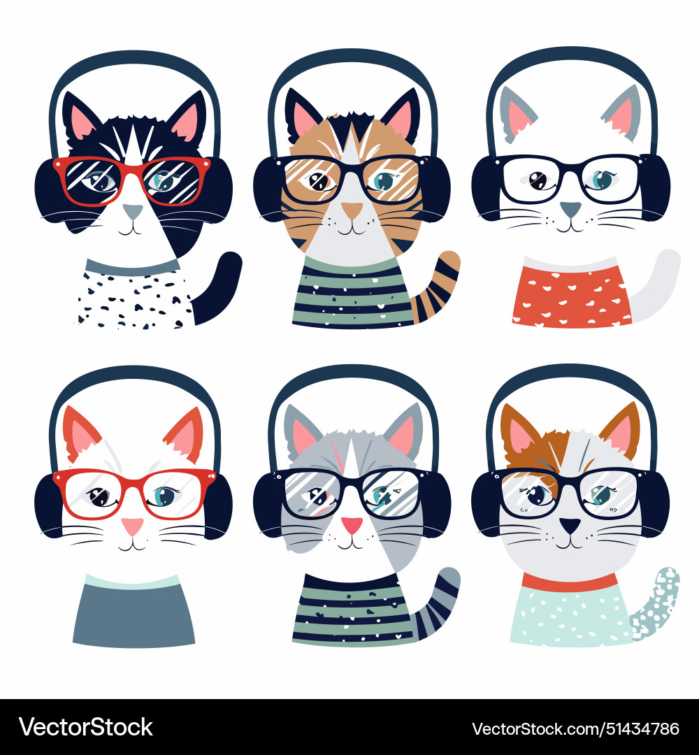 Six Cool Cats with Headphones Royalty Free Vector Image