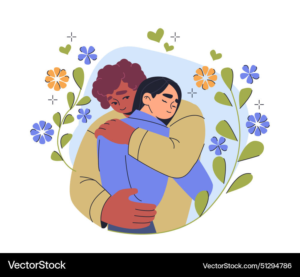 Two people embracing inside a floral frame Vector Image