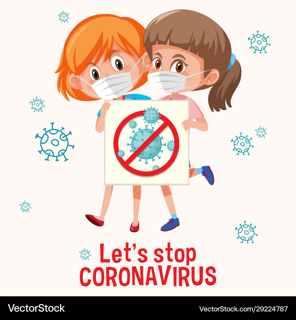 Coronavirus poster design with two girls wearing Vector Image
