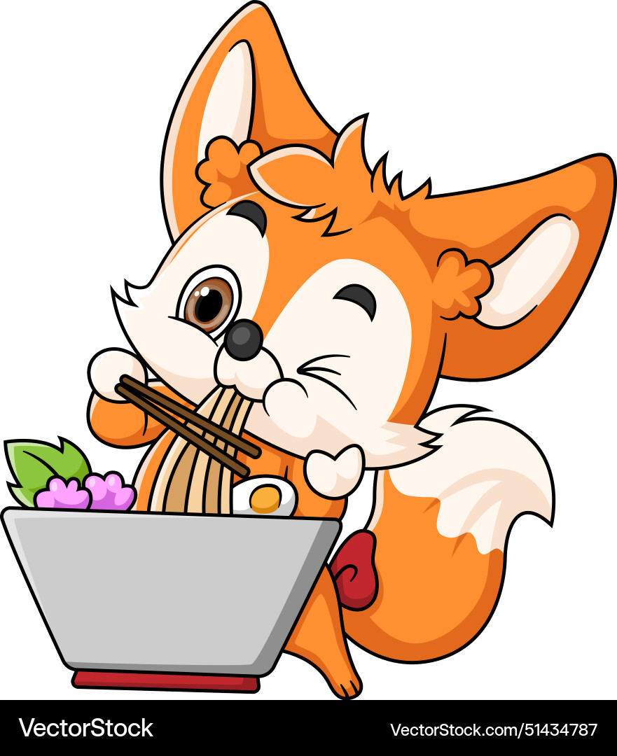 Cute fox eating noodle bowl with chopstick Vector Image