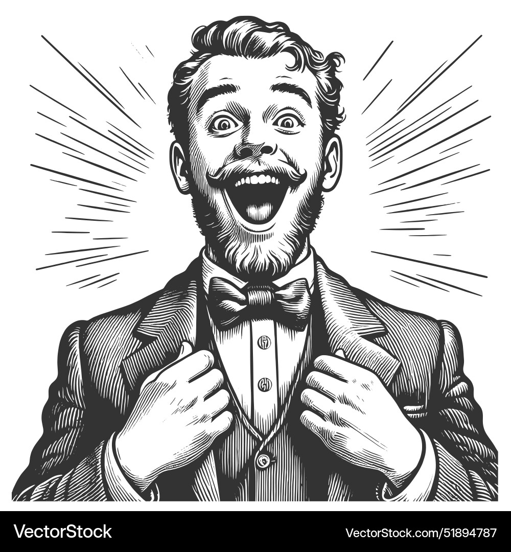 Excited man with bow tie engraving Royalty Free Vector Image