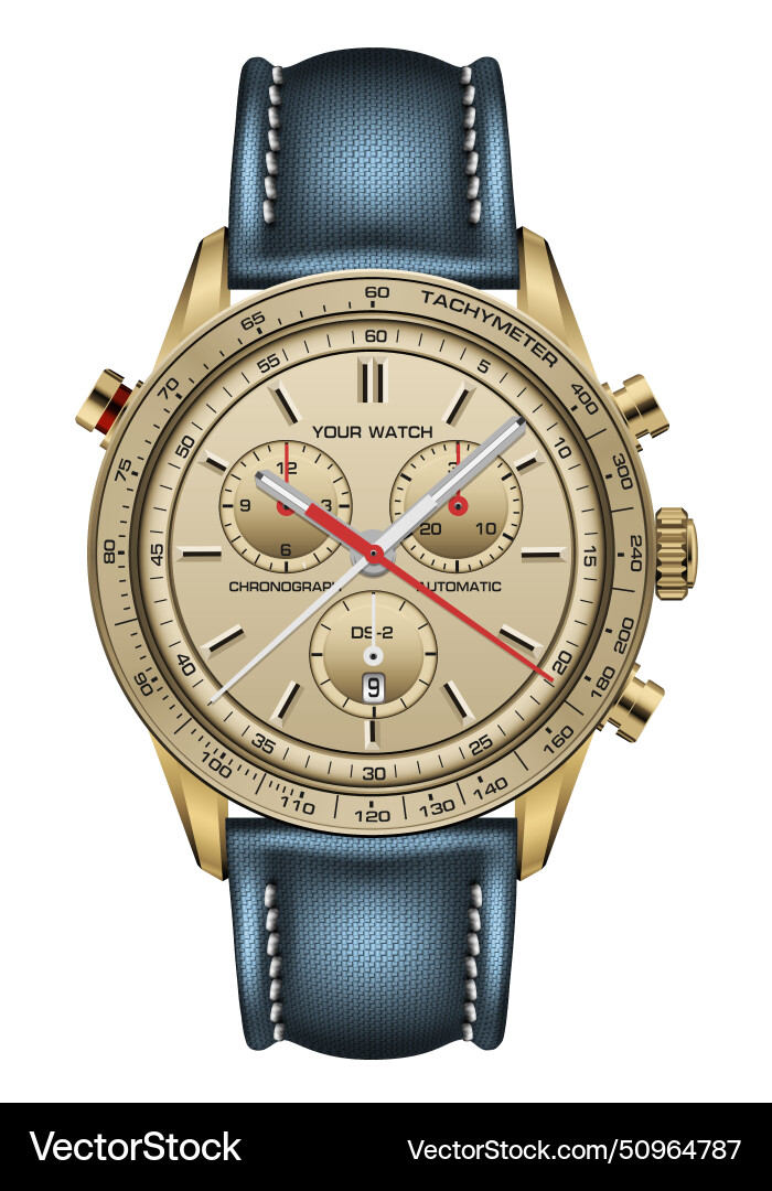 Realistic watch clock gold face red arrow black Vector Image